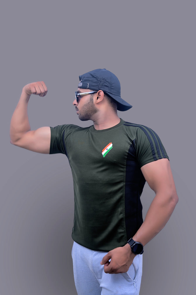 Military Green Commando Half Sleeve Tshirt with Indian Flag – Veer Vastra